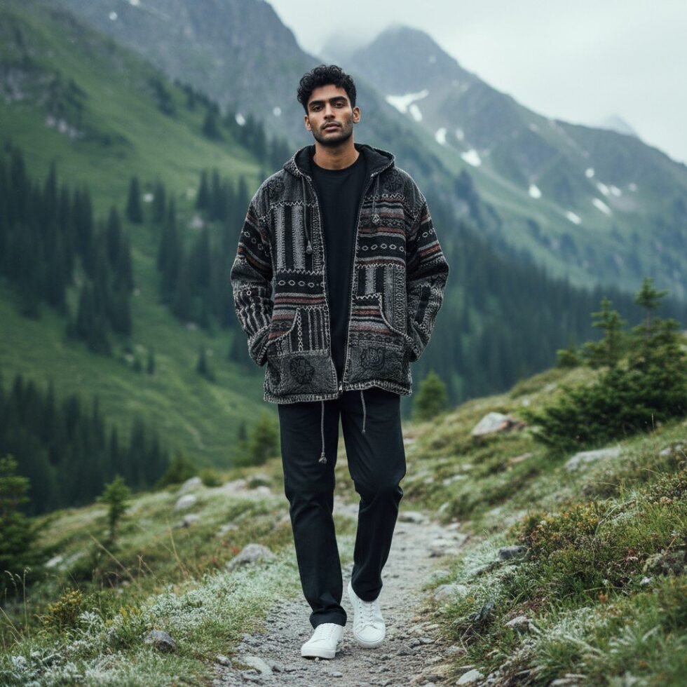 Black & Grey Pahadi Boho Patchwork Hoodie – Handmade Nepali Cotton ...